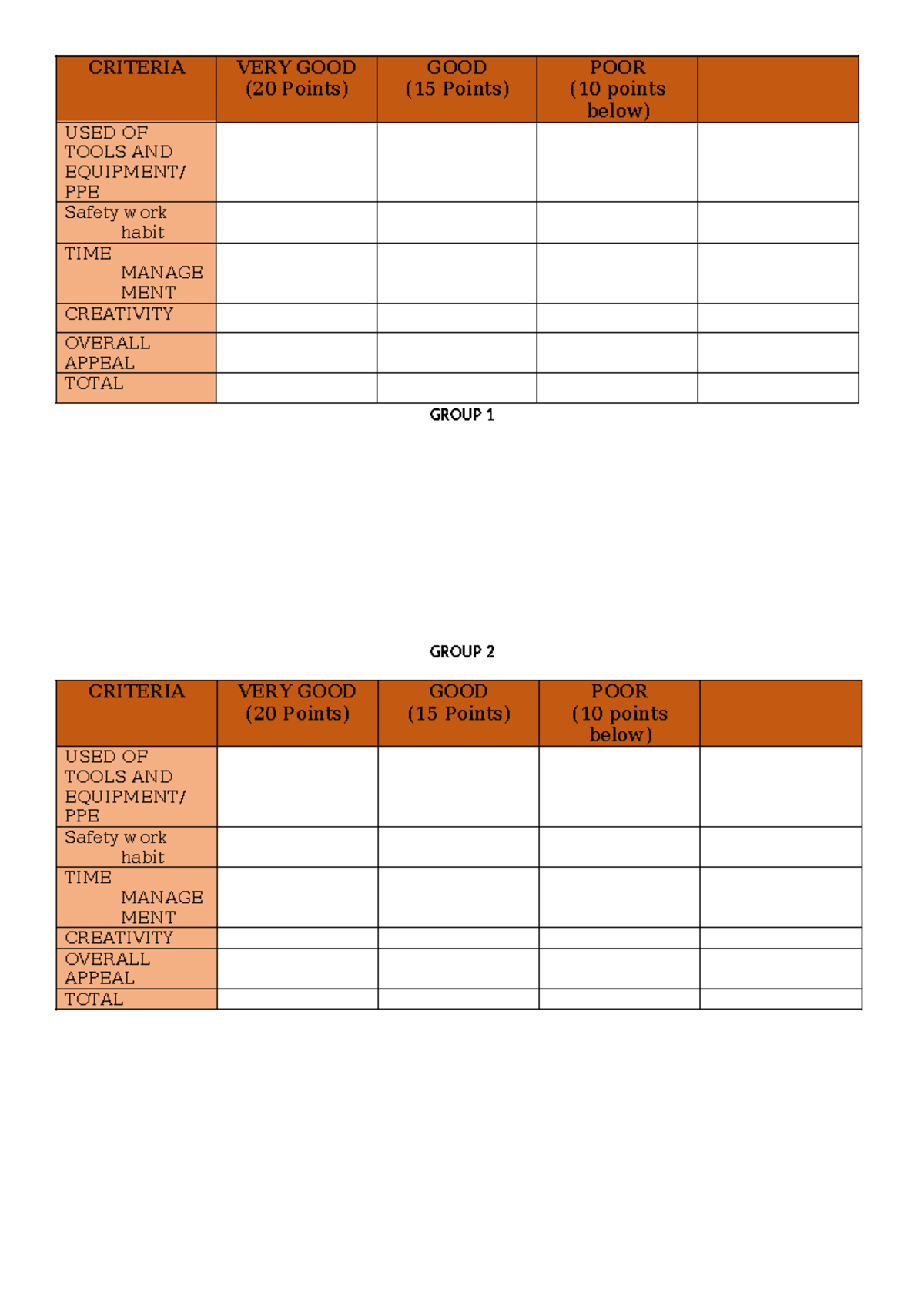 Criteria - CRITERIA VERY GOOD (20 Points) GOOD (15 Points) POOR (10 ...