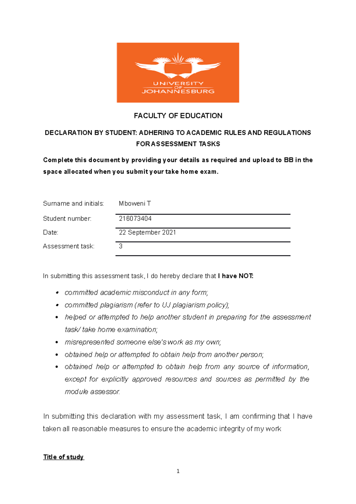 Assignment 3 - Copy - FACULTY OF EDUCATION DECLARATION BY STUDENT ...