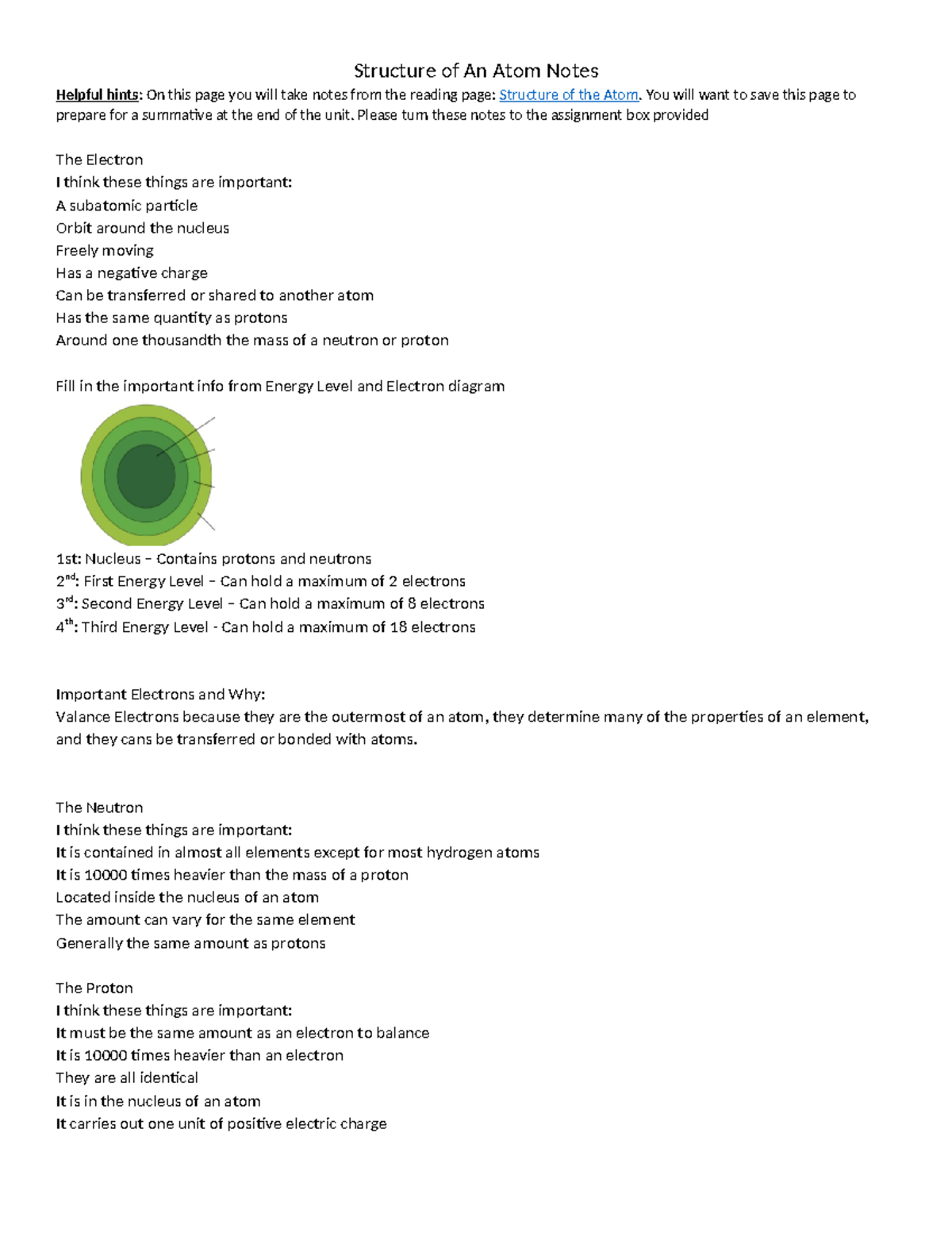 Structure of an Atom Notes - Structure of An Atom Notes Helpful hints ...