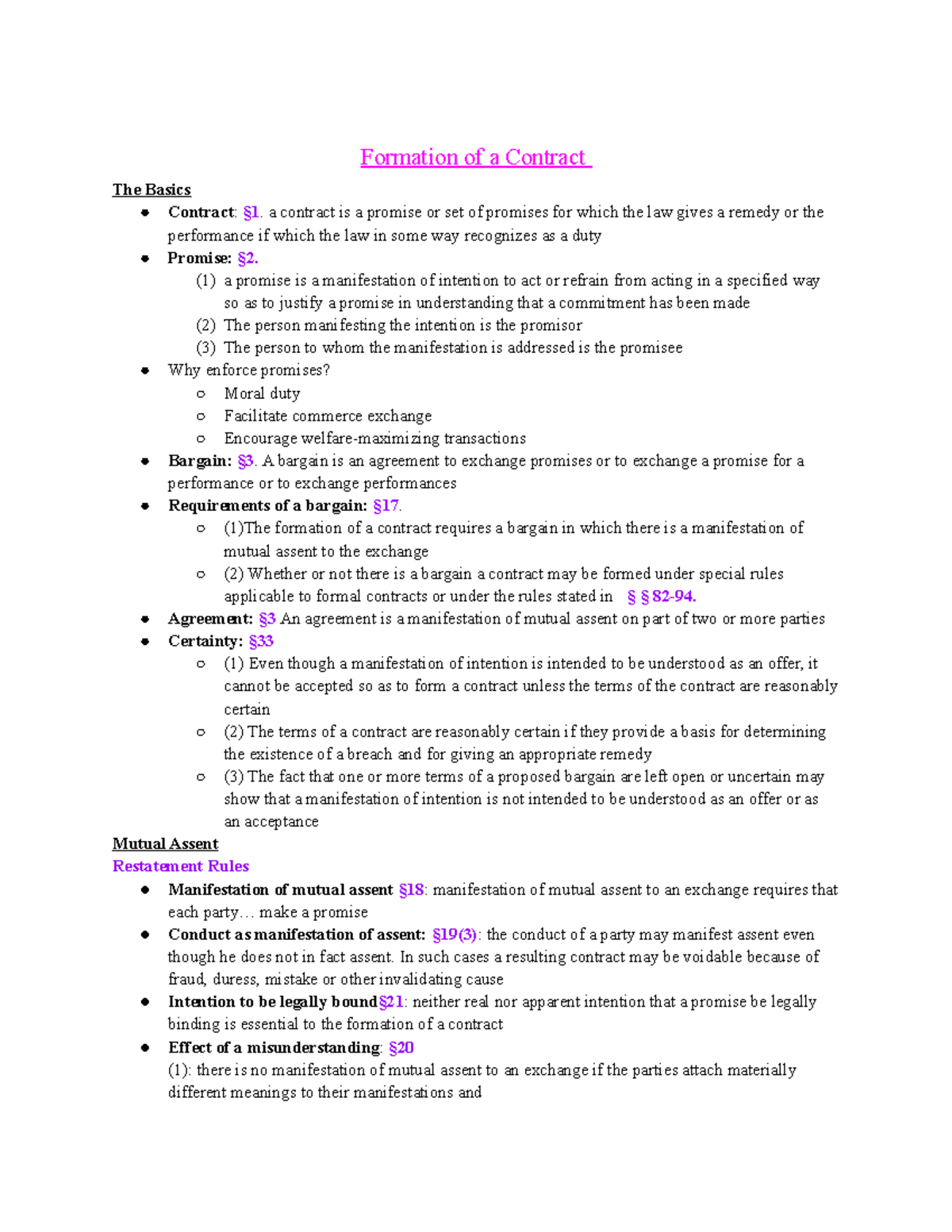Raghavan - Contracts Outline (2021) - Formation of a Contract The ...