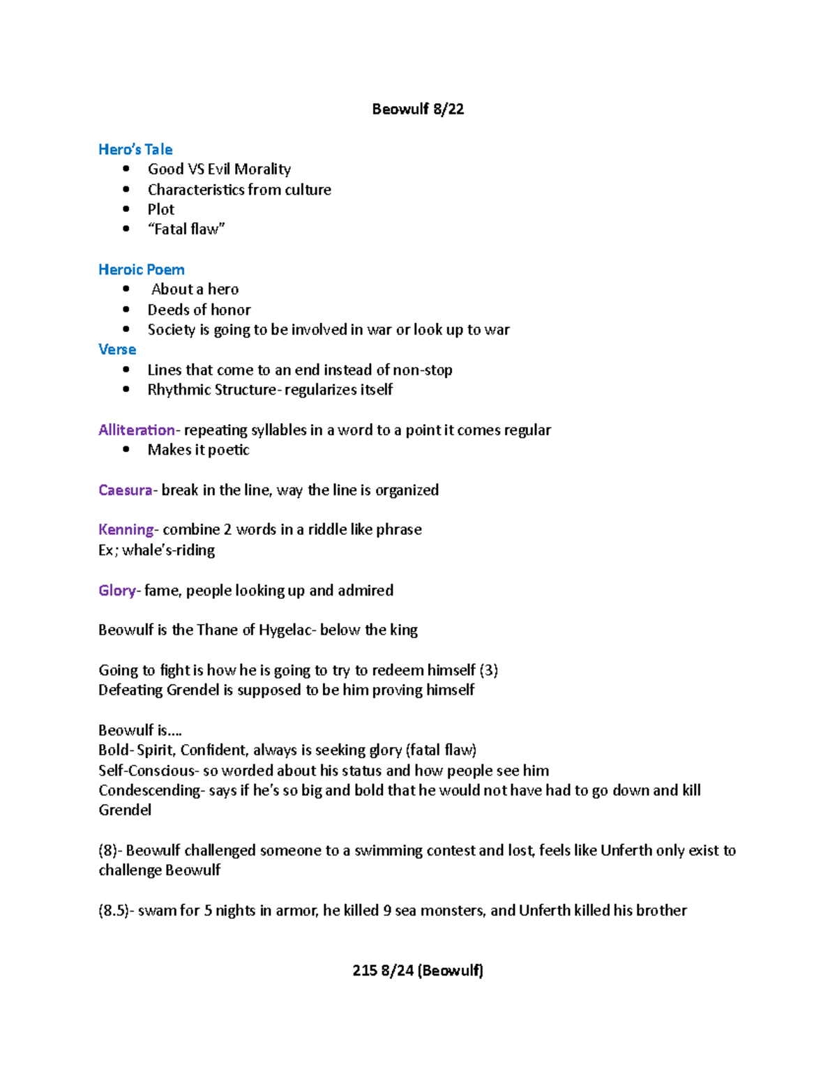 English 205 lecture notes and paper - Beowulf 8/ Hero’s Tale Good VS ...