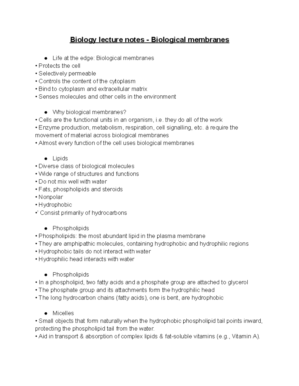 Biology lecture notes - Biological membranes - they do all of the work ...