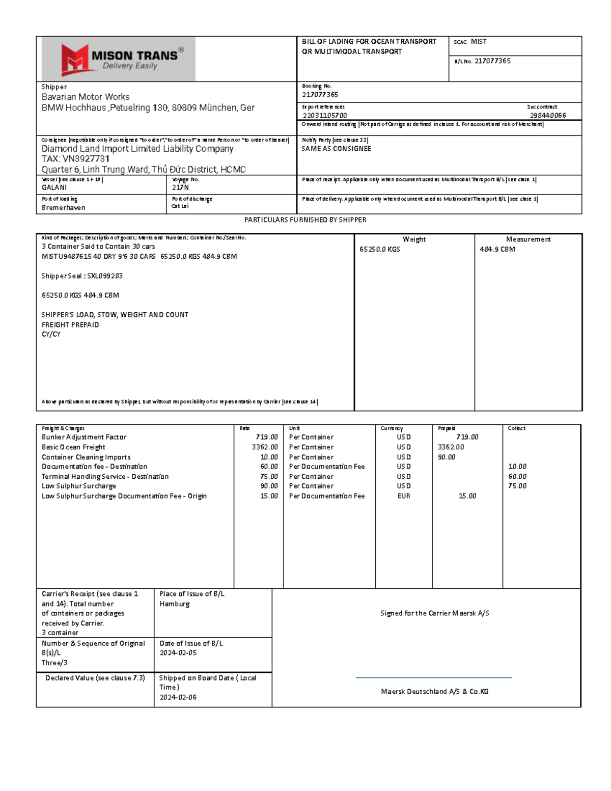 BILL OF Lading FOR Ocean Transport OR Multimodal Transport - BILL OF LADING FOR OCEAN TRANSPORT ...