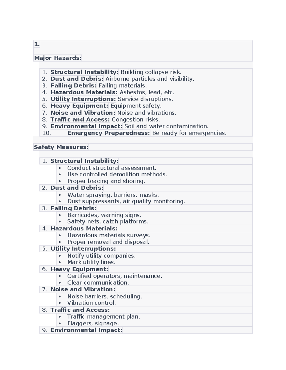 ISE - ise notes - 1. Major Hazards: 1. Structural Instability: Building ...