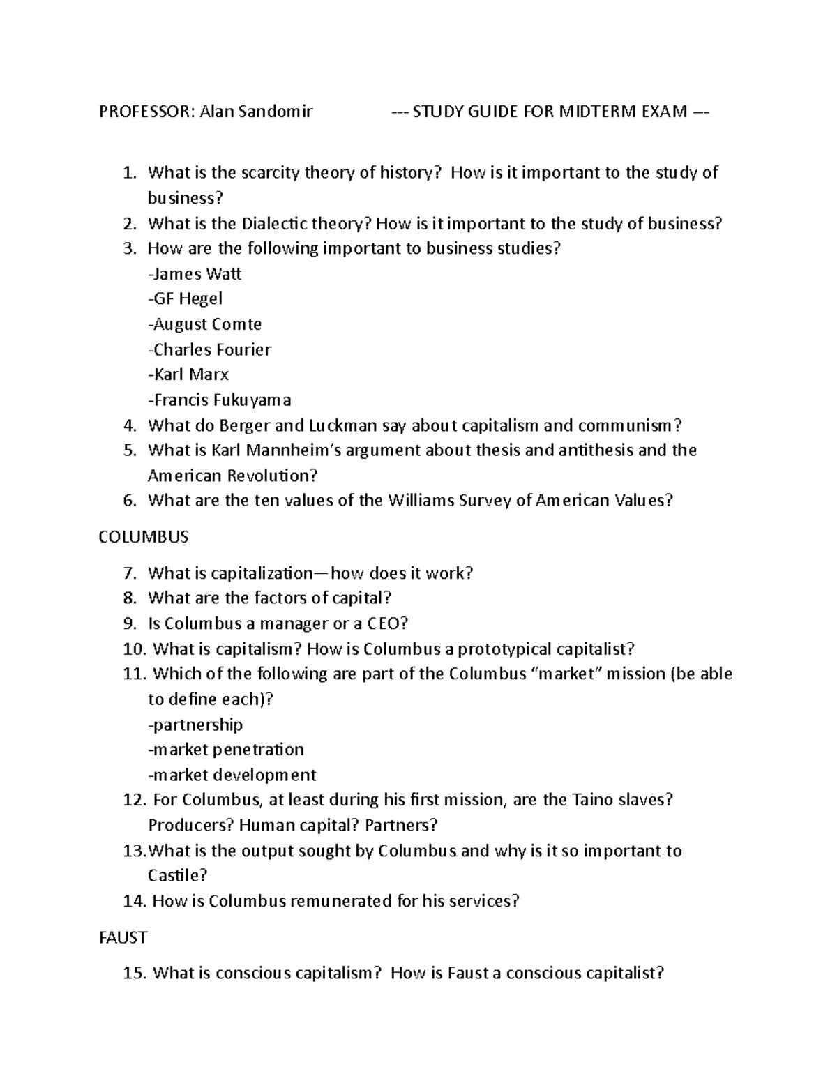 Foundations Mid-Term Study Questions - PROFESSOR: Alan Sandomir - STUDY ...