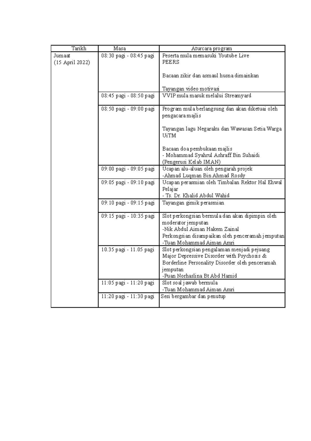Tentatif program - Copy - Tarikh Masa Aturcara program Jumaat (15 April ...