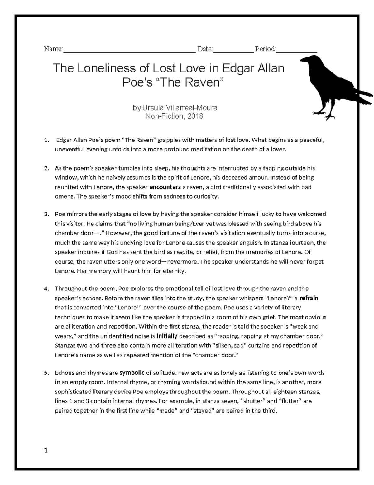 The Loneliness of Lost Love in Edgar Allan Poe's The Raven Text - - Studocu