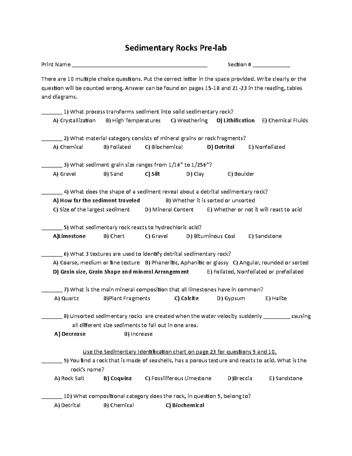 Sedimentary Rocks - Quiz - Sedimentary Rocks Pre-lab Print Name Section ...
