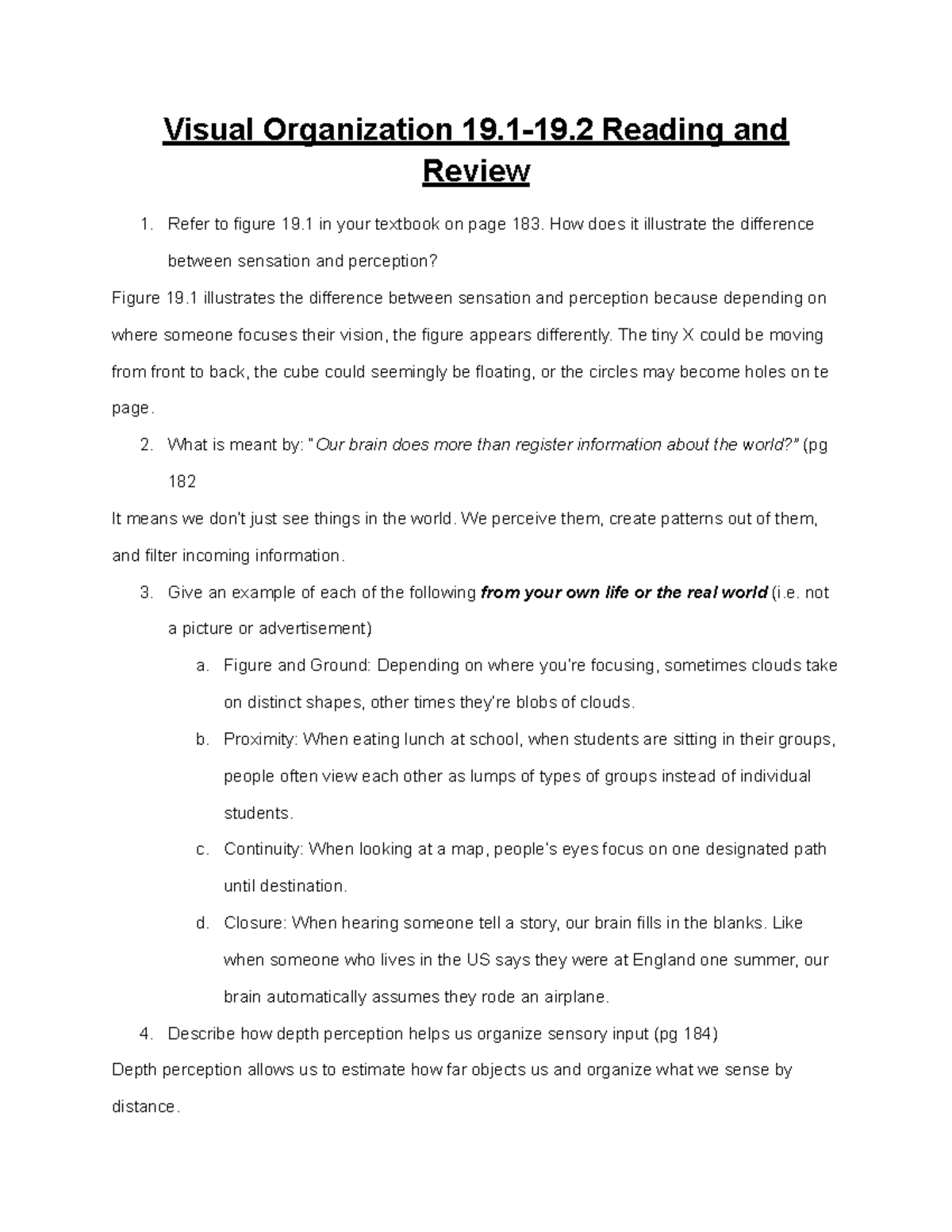 Visual Organization - 1-19 Reading and Review Refer to figure 19 in ...