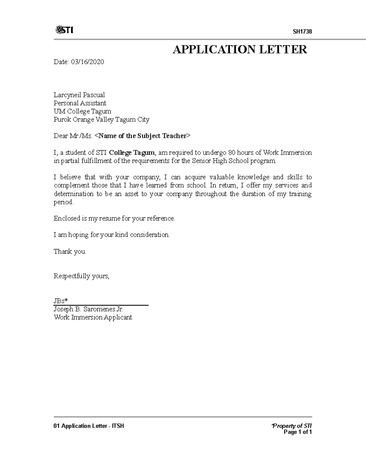 01 Application Letter - ITSH-1 - SH Date: 03/16/ Larcyneil Pascual ...