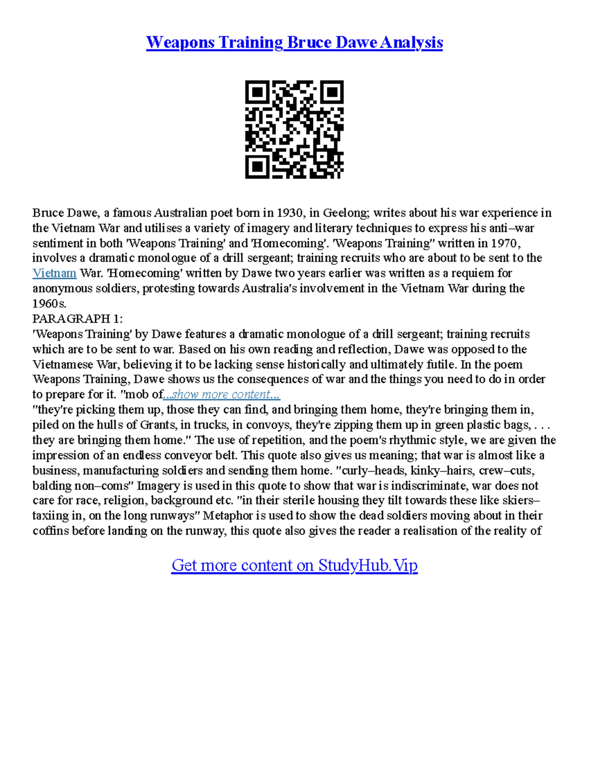 Bruce Dawe Essay - Weapons Training Bruce Dawe Analysis Bruce Dawe, a ...