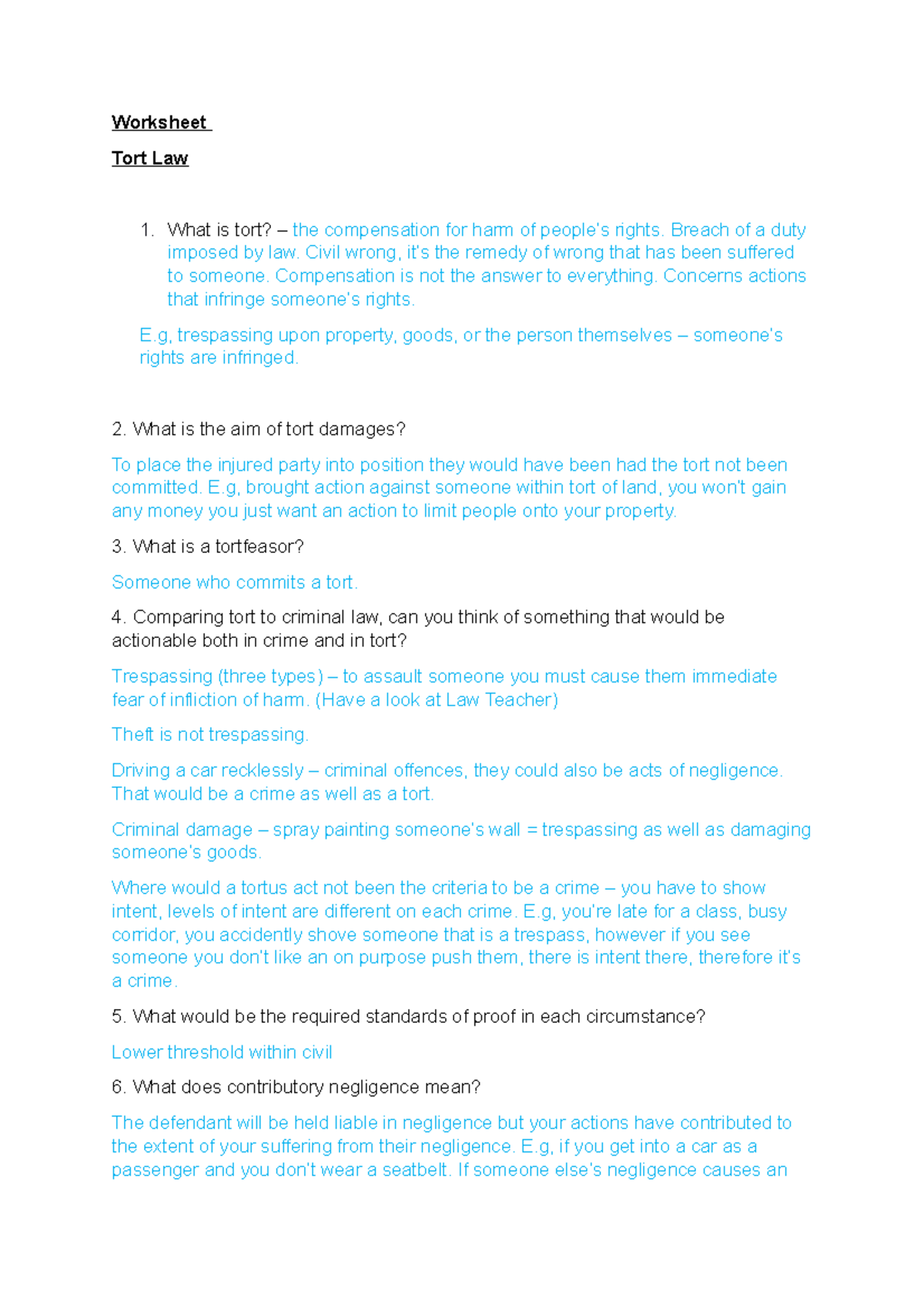 Tort law problem questions - Worksheet Tort Law What is tort? – the ...
