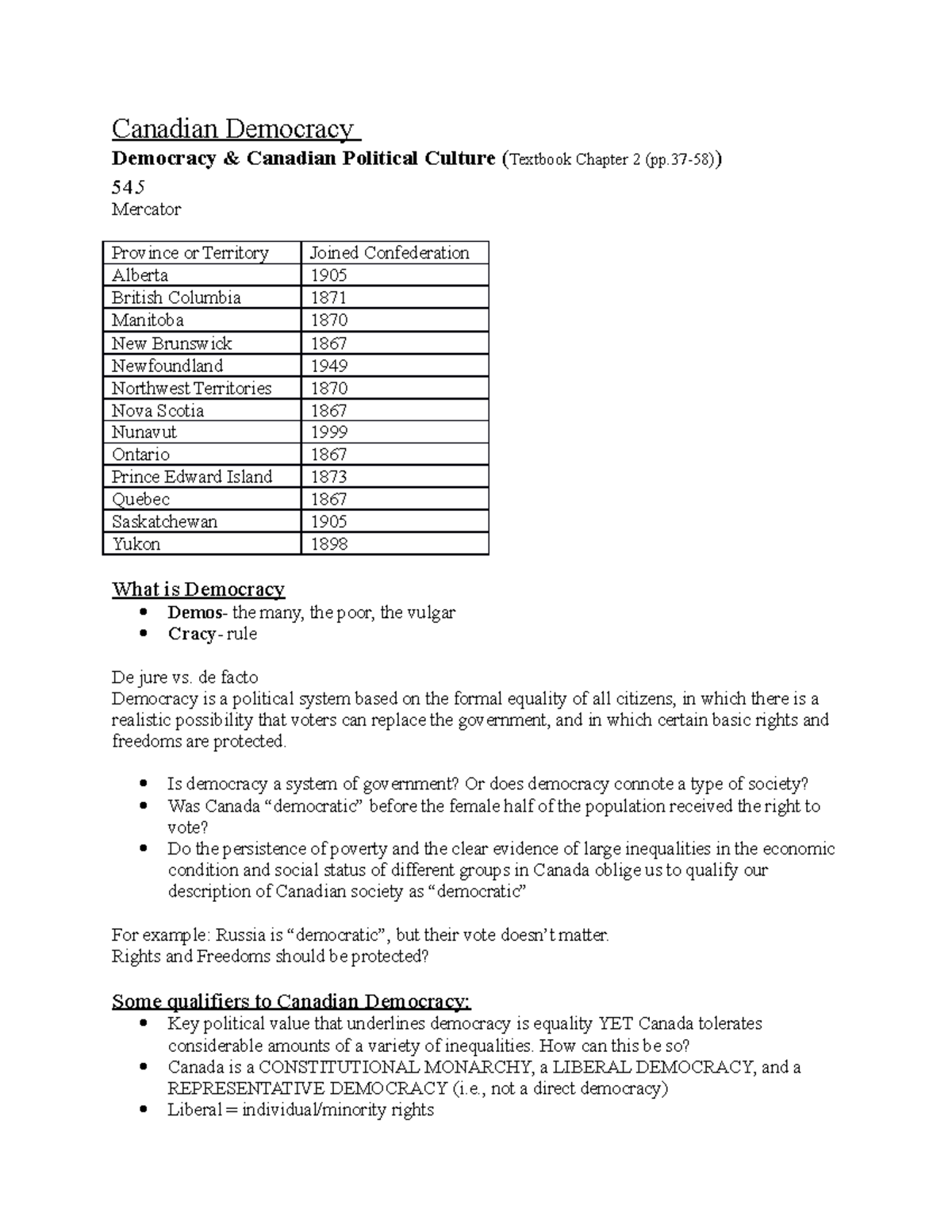 Canadian Democracy notes - Canadian Democracy Democracy & Canadian ...