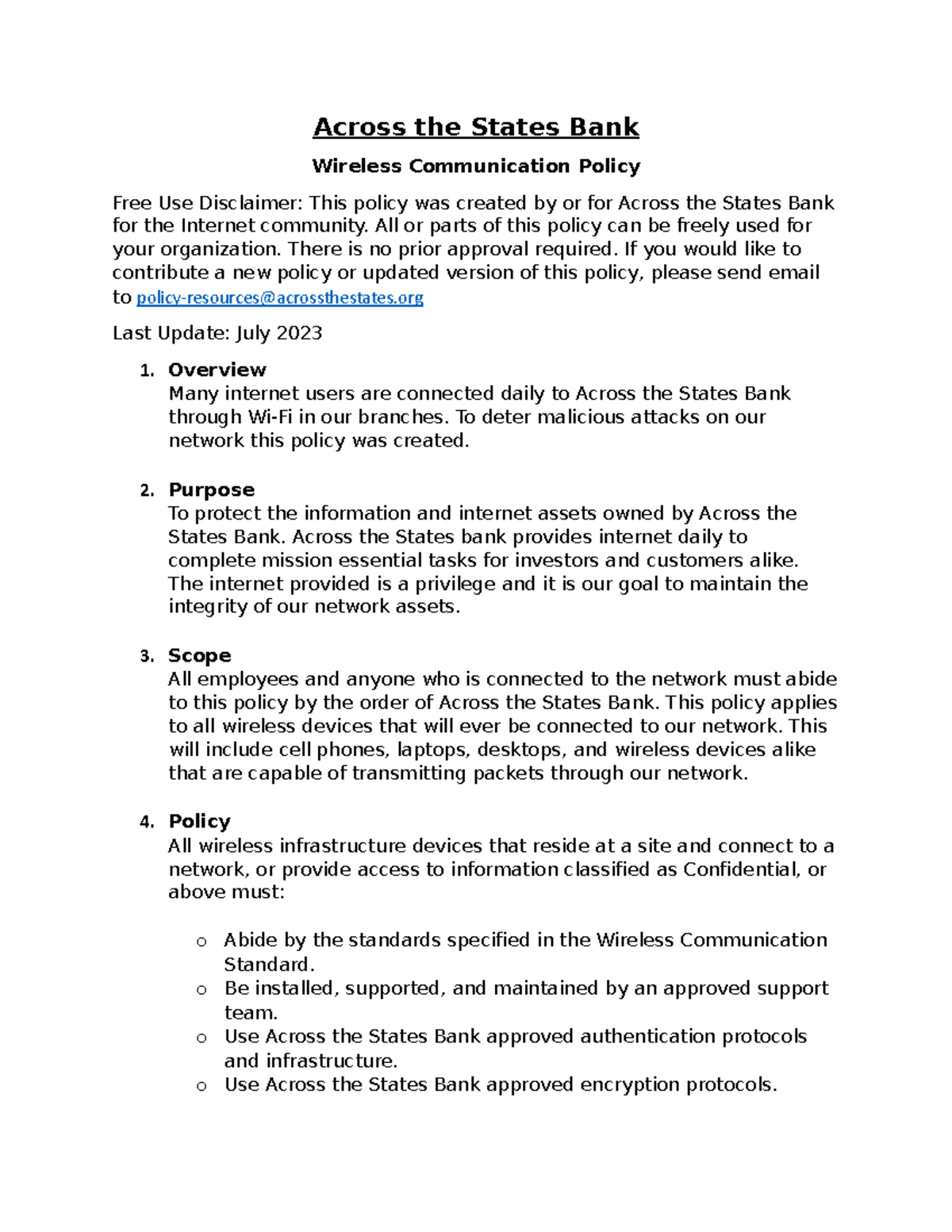 Wi Fi Policy - ITT - Across the States Bank Wireless Communication ...