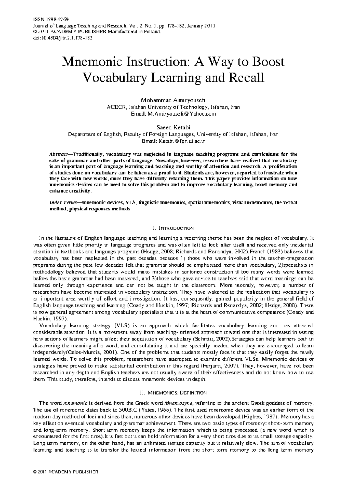 Mnemonic Instruction A Way to Boost Voca - ISSN 1798- Journal of ...