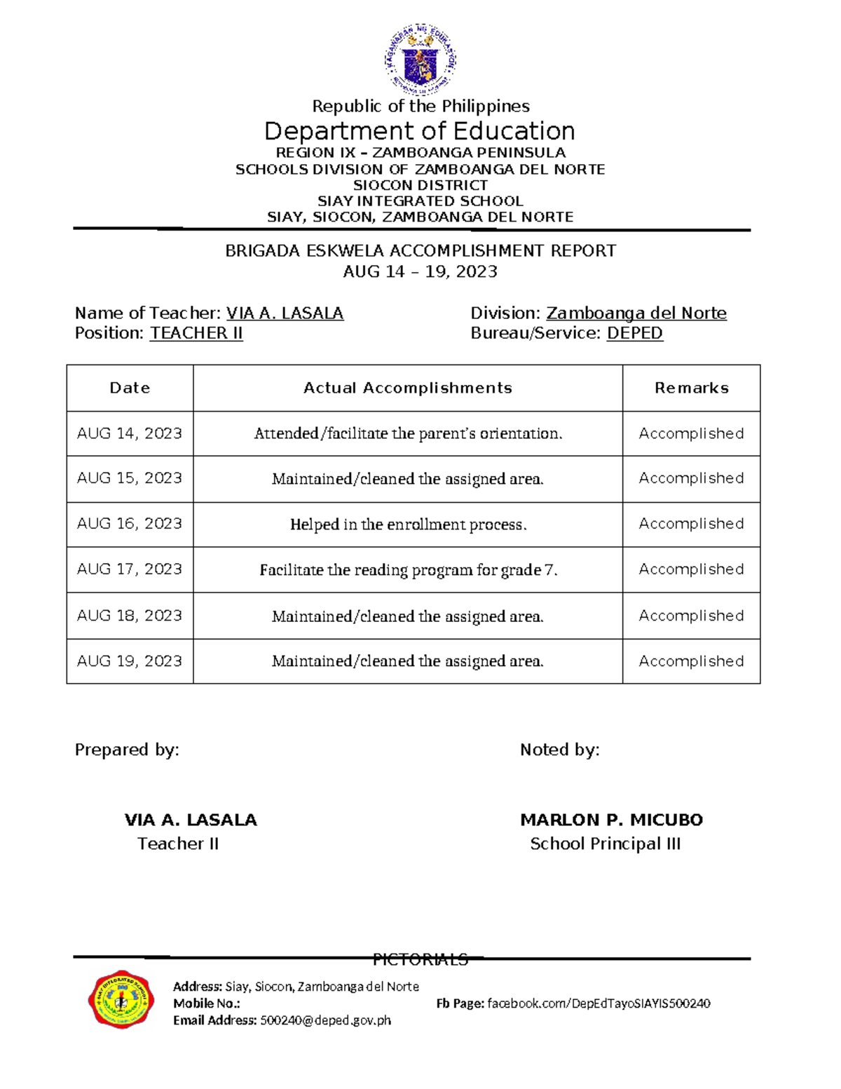 Brigada Eskwela Accomplishment Report Template - Republic of the ...