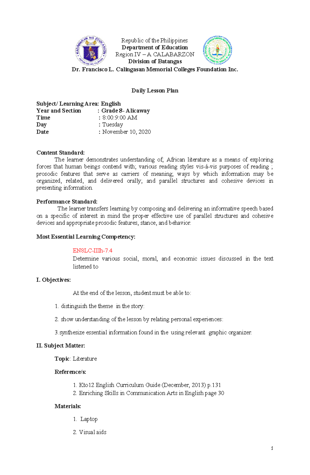 Sample LP 6as for English - Republic of the Philippines Department of ...