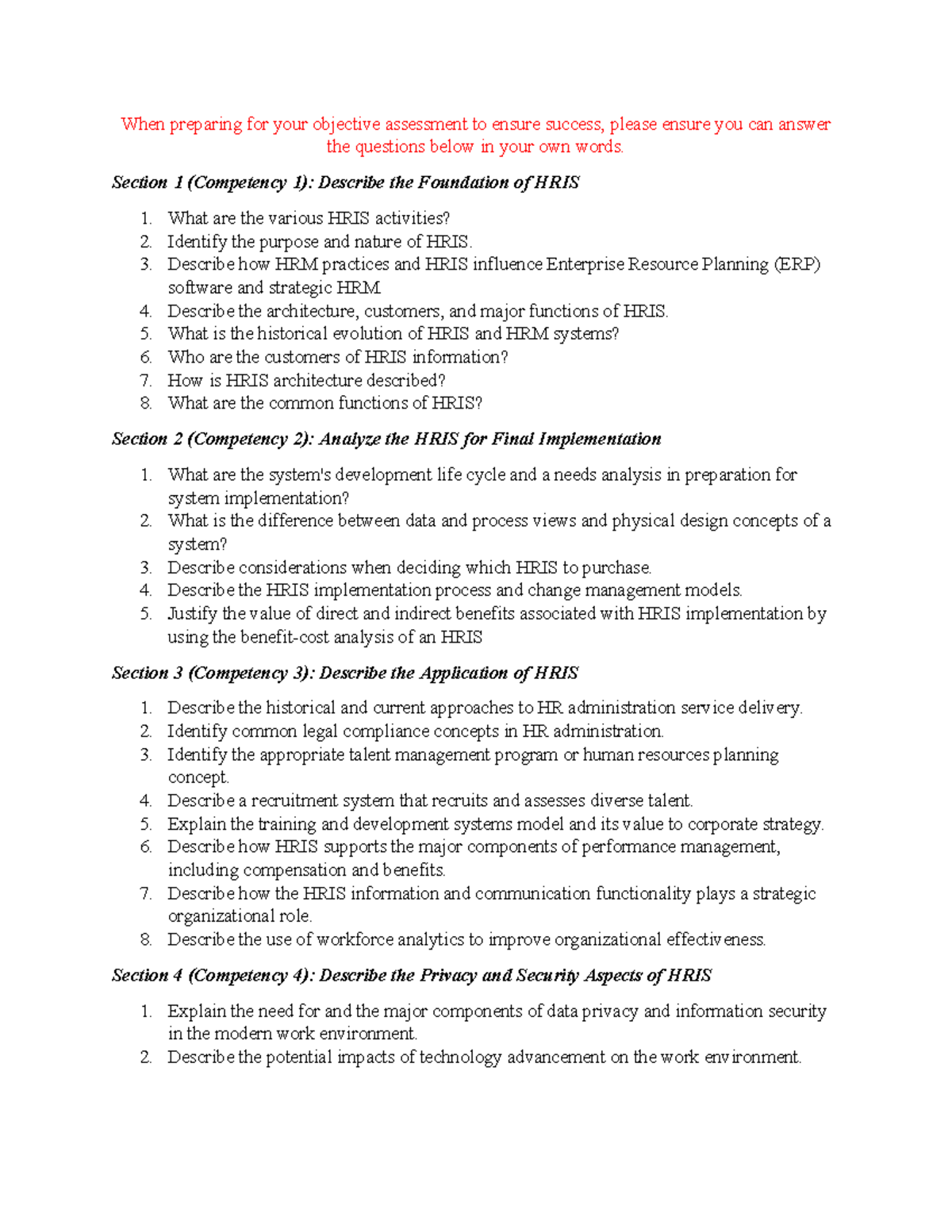 Key Questions - When preparing for your objective assessment to ensure ...