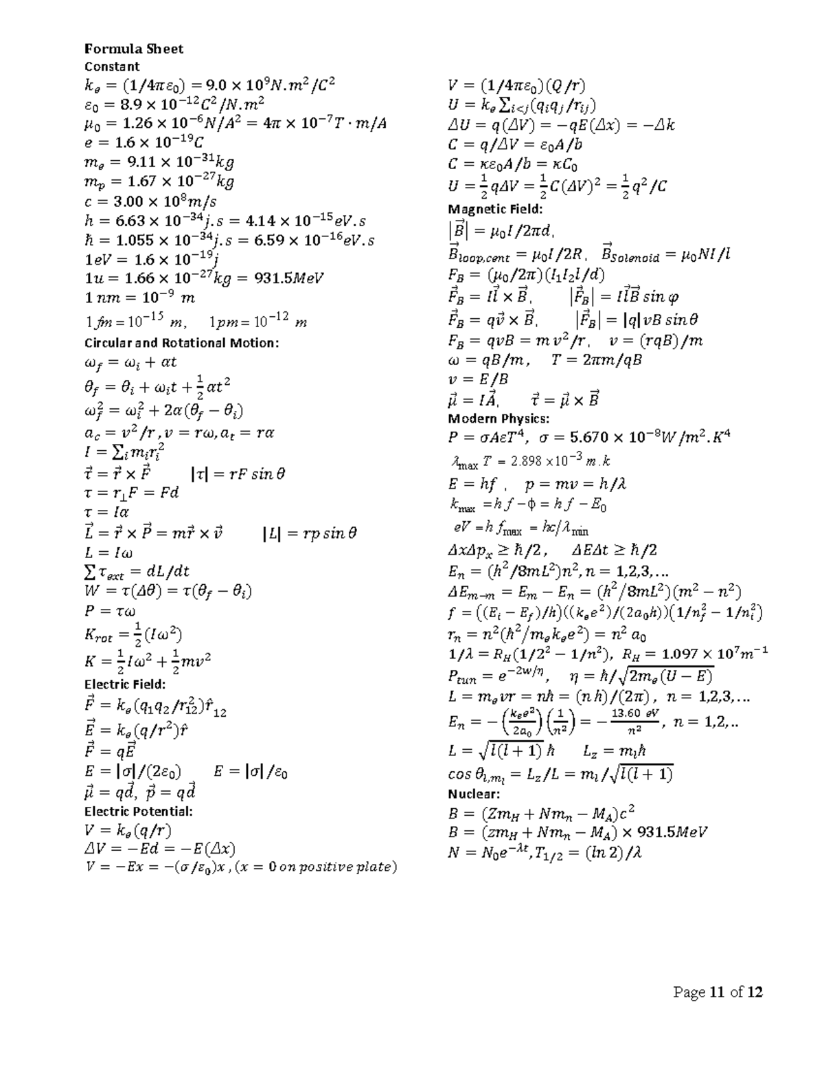 Lon Cappa 6 - Physics 1aa3 - Page 11 of 12 Formula Sheet Constant 𝑘 ...