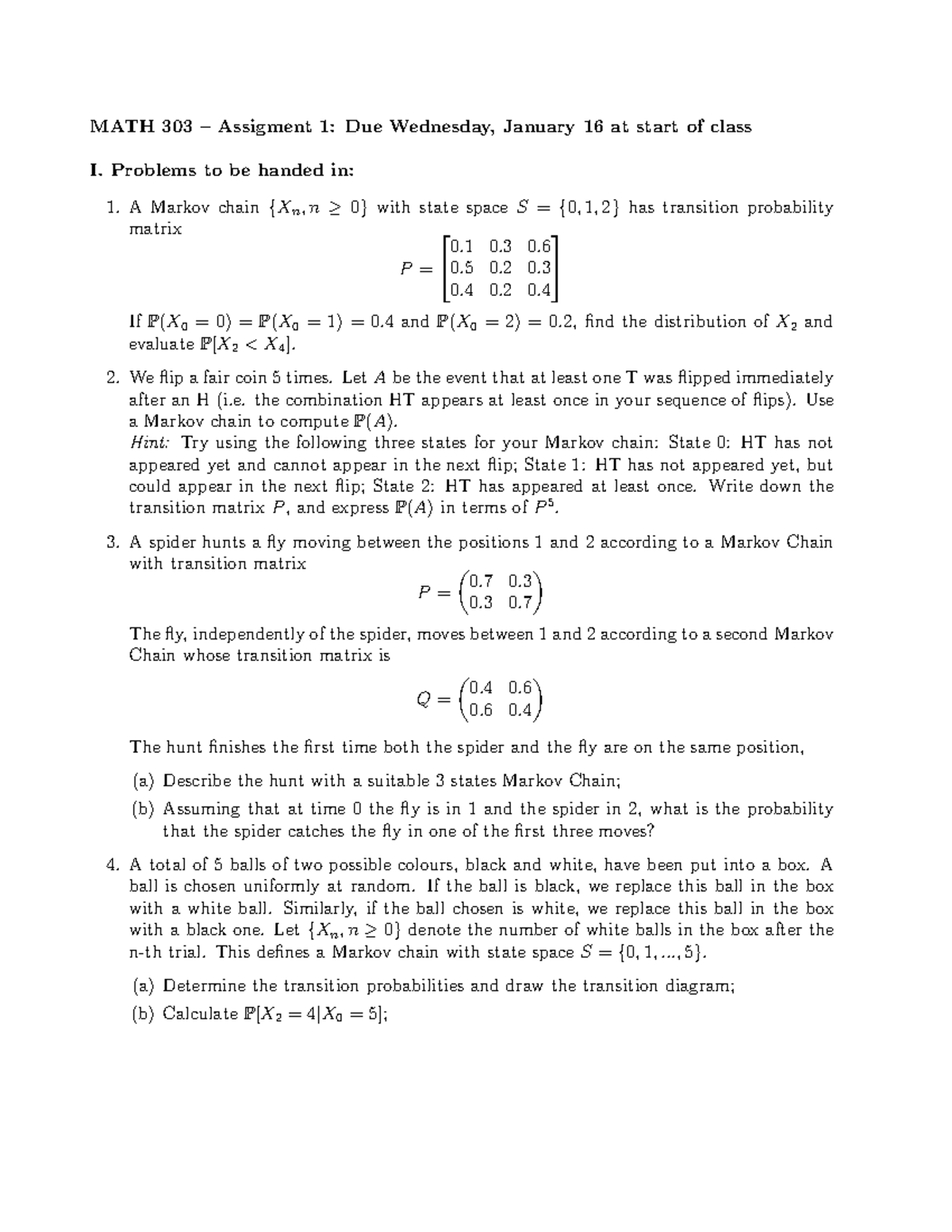 Hw1 First Homework Math 303 Assigment 1 Due Wednesday January 16 At Start Of Class I
