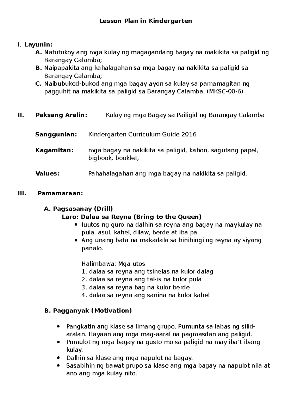 Kindergarteen Lesson Plan - Lesson Plan in Kindergarten I. Layunin: A ...