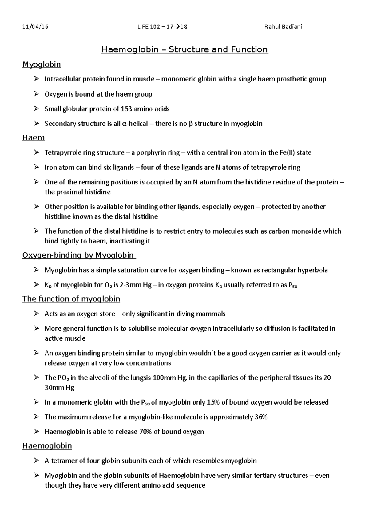 17-18 - Haemoglobin structure and function - Haemoglobin – Structure ...