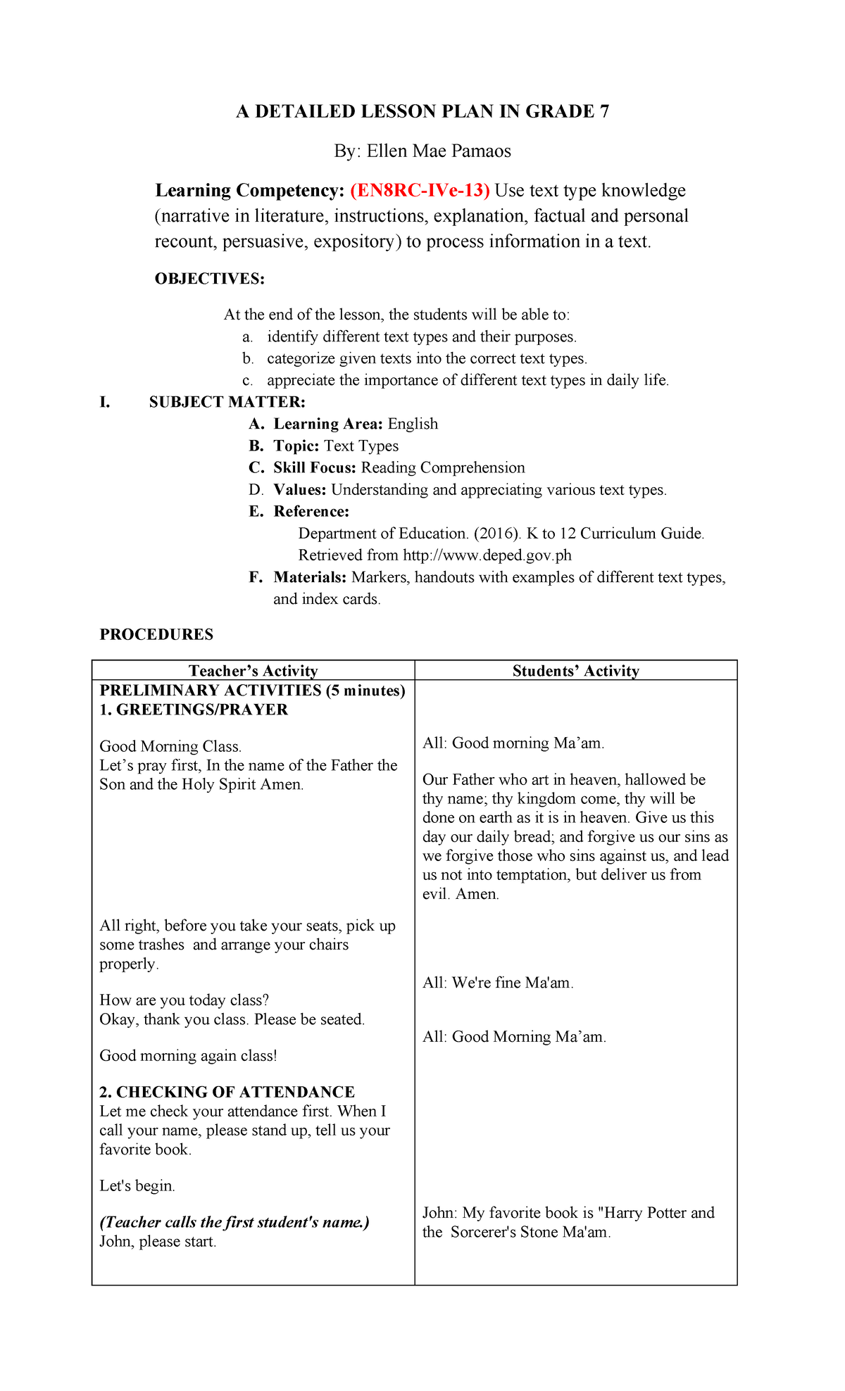 USE TEXT TYPE Knowledge 5E'S LP - A DETAILED LESSON PLAN IN GRADE 7 By ...