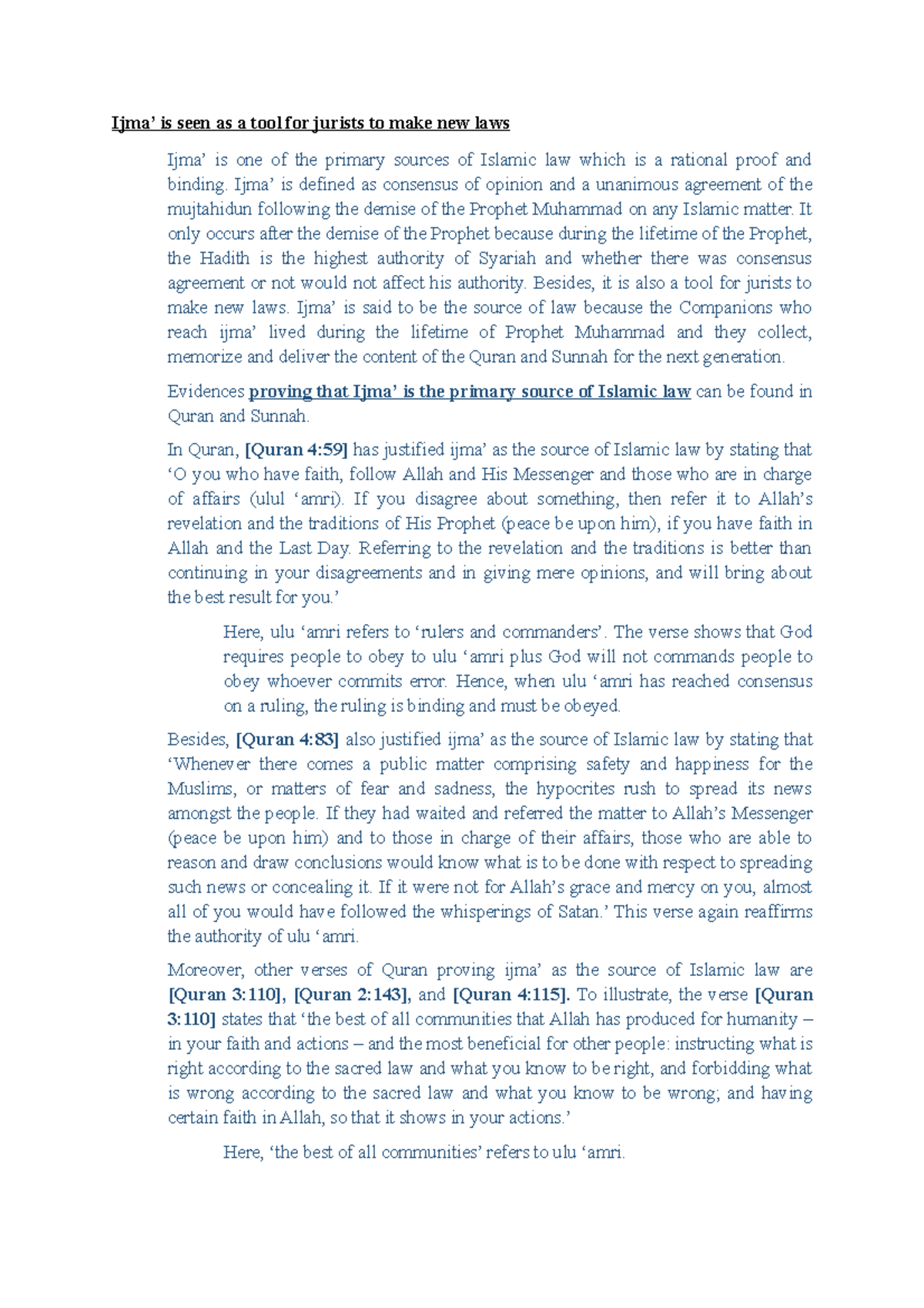 Provisions Ijma - Ijma’ is seen as a tool for jurists to make new laws ...