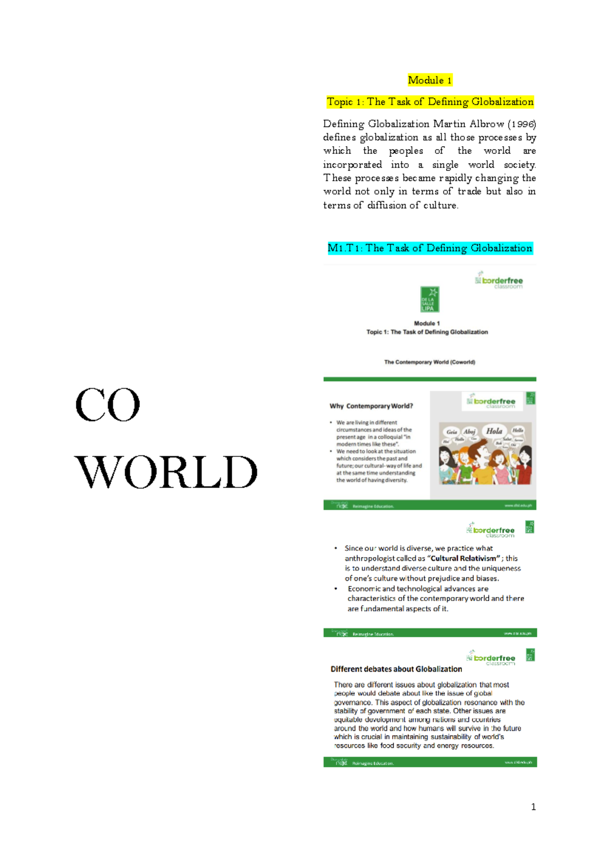 Coworld - CO WORLD Module 1 Topic 1: The Task of Defining Globalization Defining Globalization ...