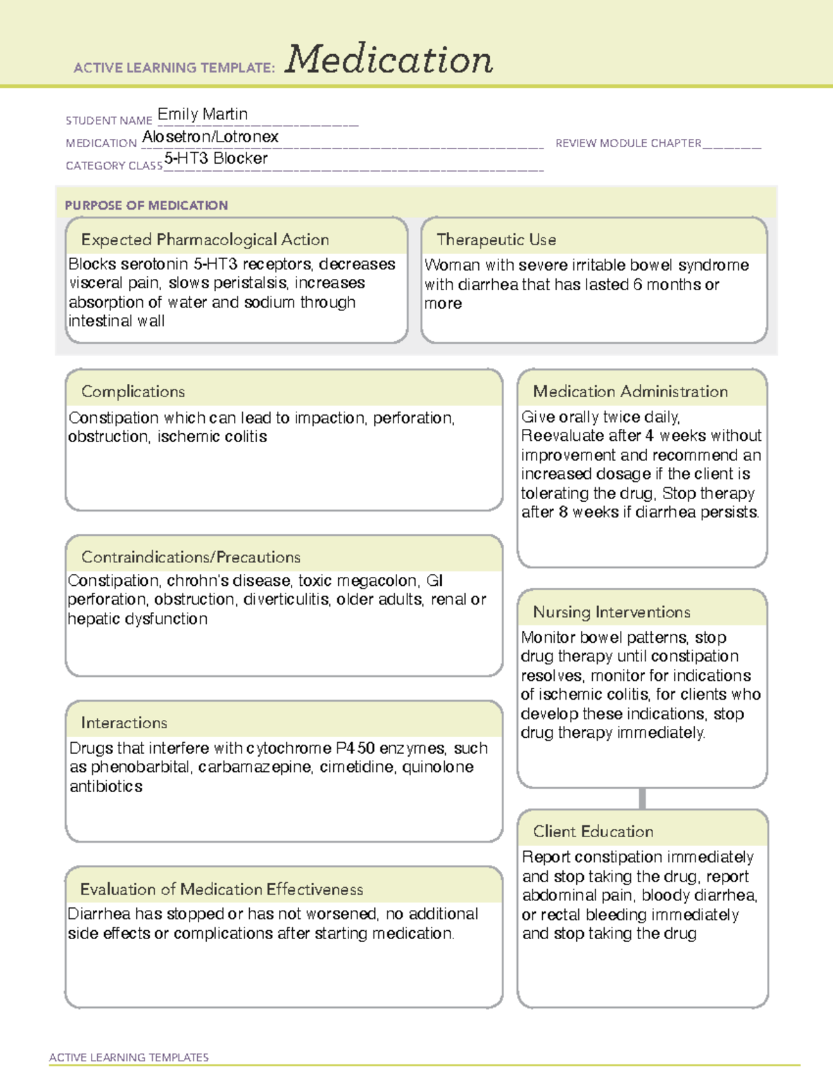 Alosetron:Lotronex - ATI Gastrointestinal Drug Card Review Template on ...