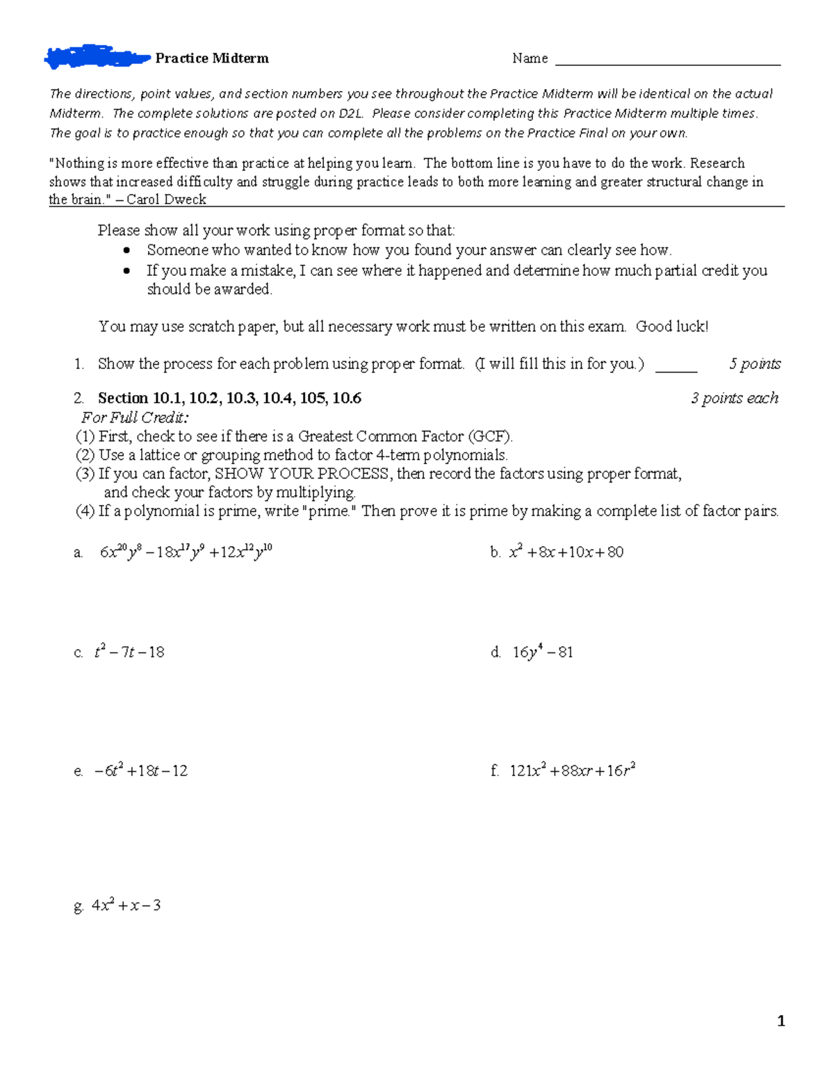 Math 95 Practice Midterm - Math 95 Smoyer Practice Midterm Name ...