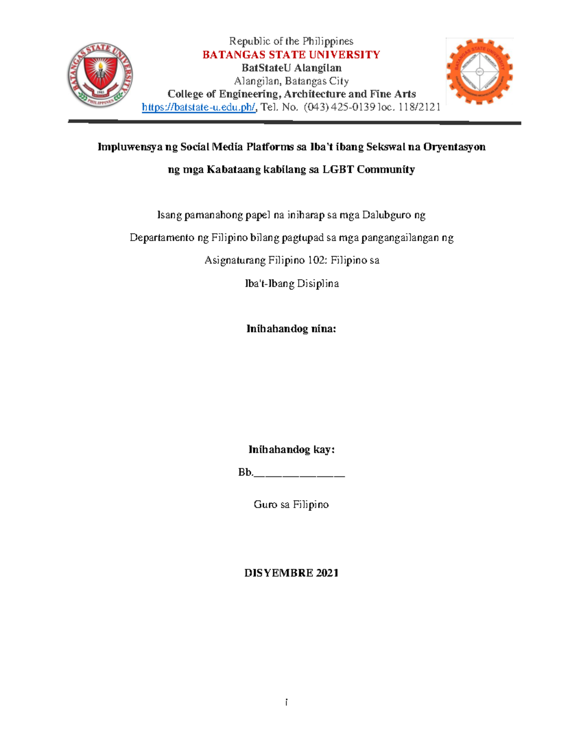 Halimbawa NG Pamanahong Papel 2 1 - BATANGAS STATE UNIVERSITY BatStateU ...