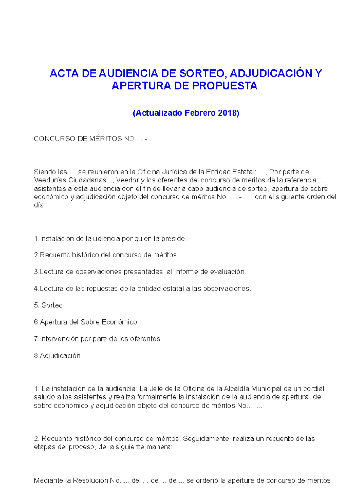 ACTA DE Audiencia DE Sorteo Adjudicación Y Apertura DE Propuesta - ACTA DE AUDIENCIA DE SORTEO ...