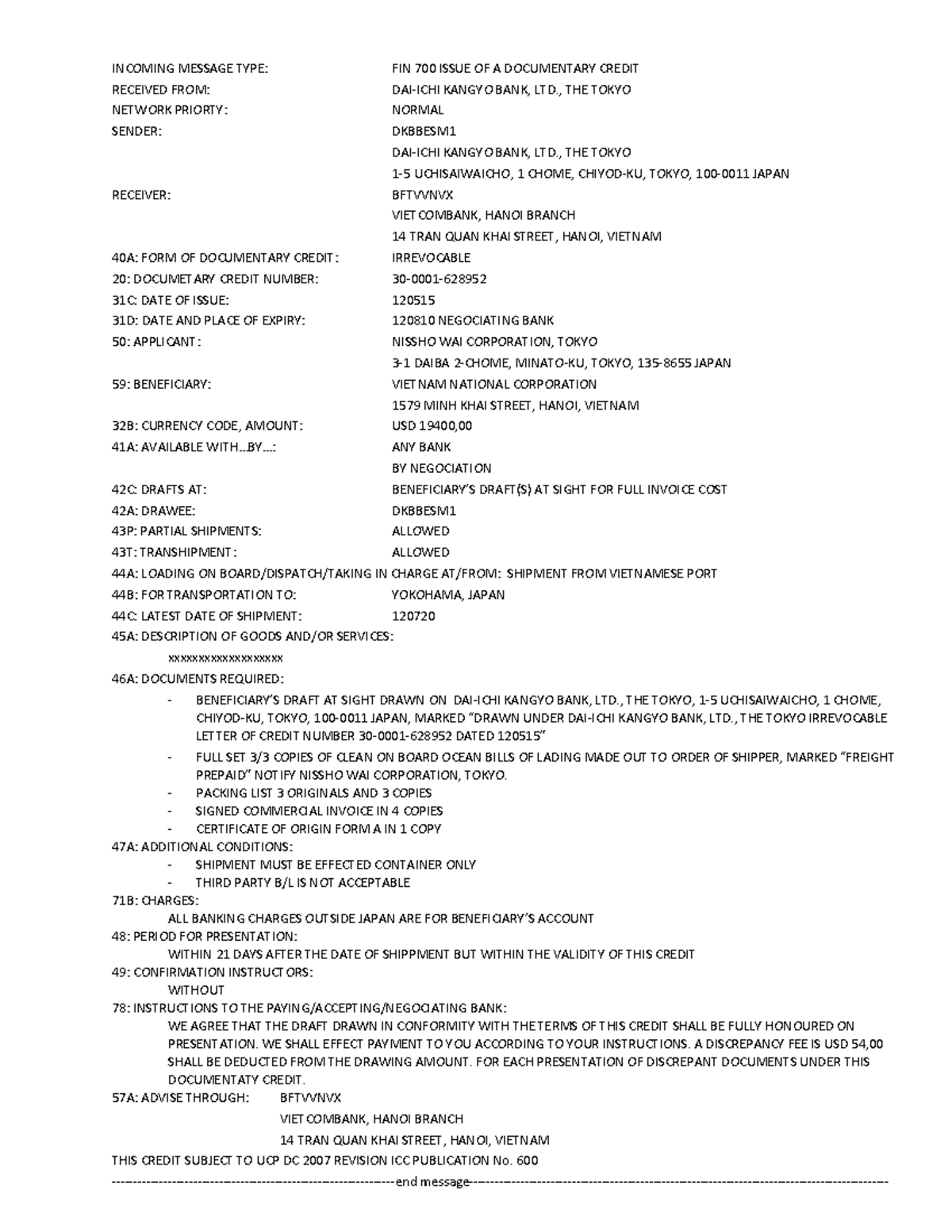 LC message - Lecture note LC - INCOMING MESSAGE TYPE: FIN 700 ISSUE OF ...