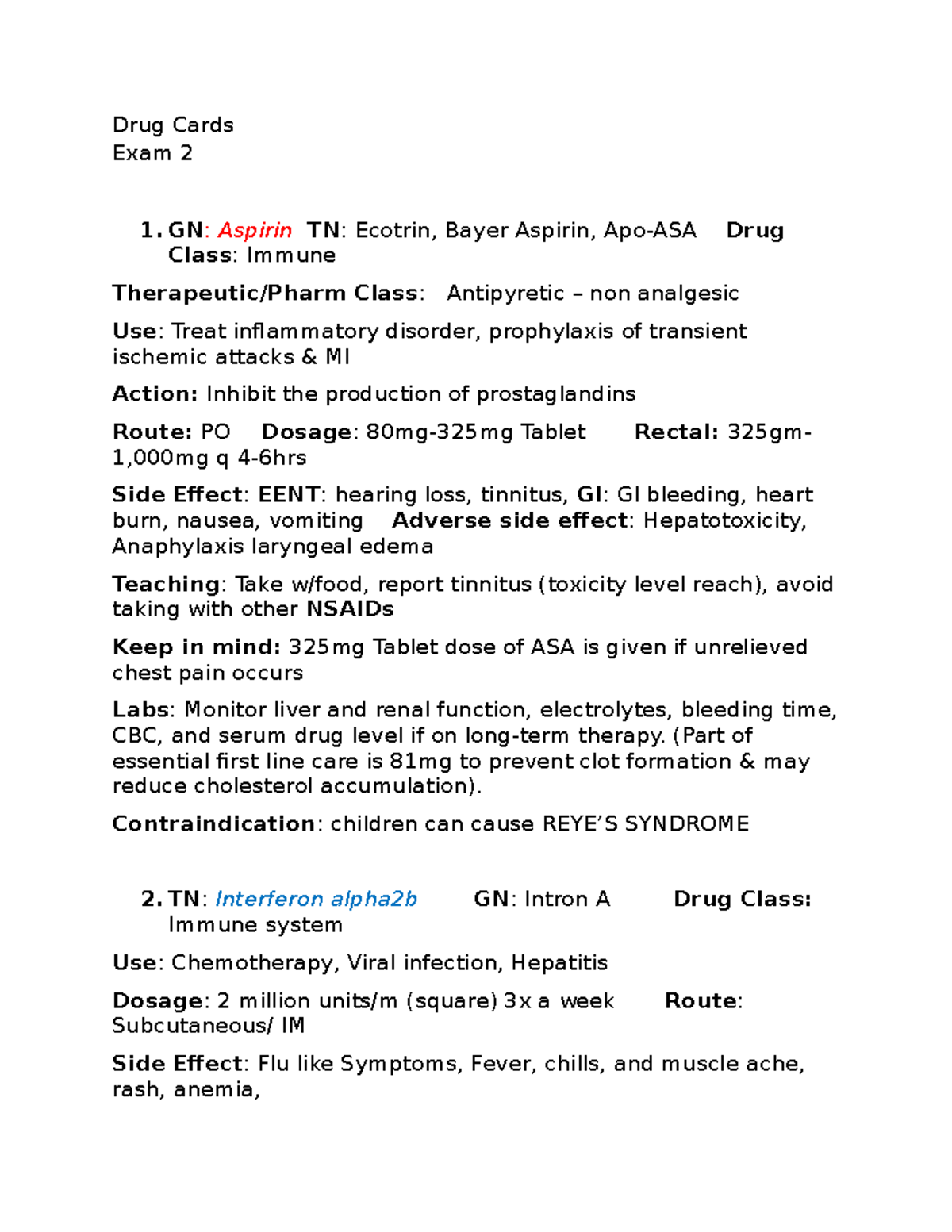 Drug Cards Exam 2 - Drug card Info - Drug Cards Exam 2 GN: Aspirin TN ...