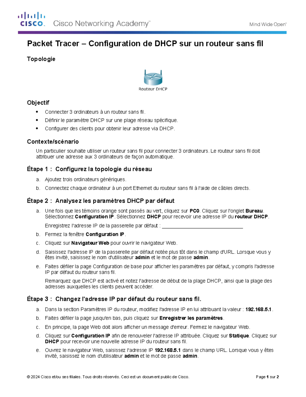 4.3.3.3 Packet Tracer - Configure DHCP on a Wireless Router - Packet Tracer – Configuration de ...