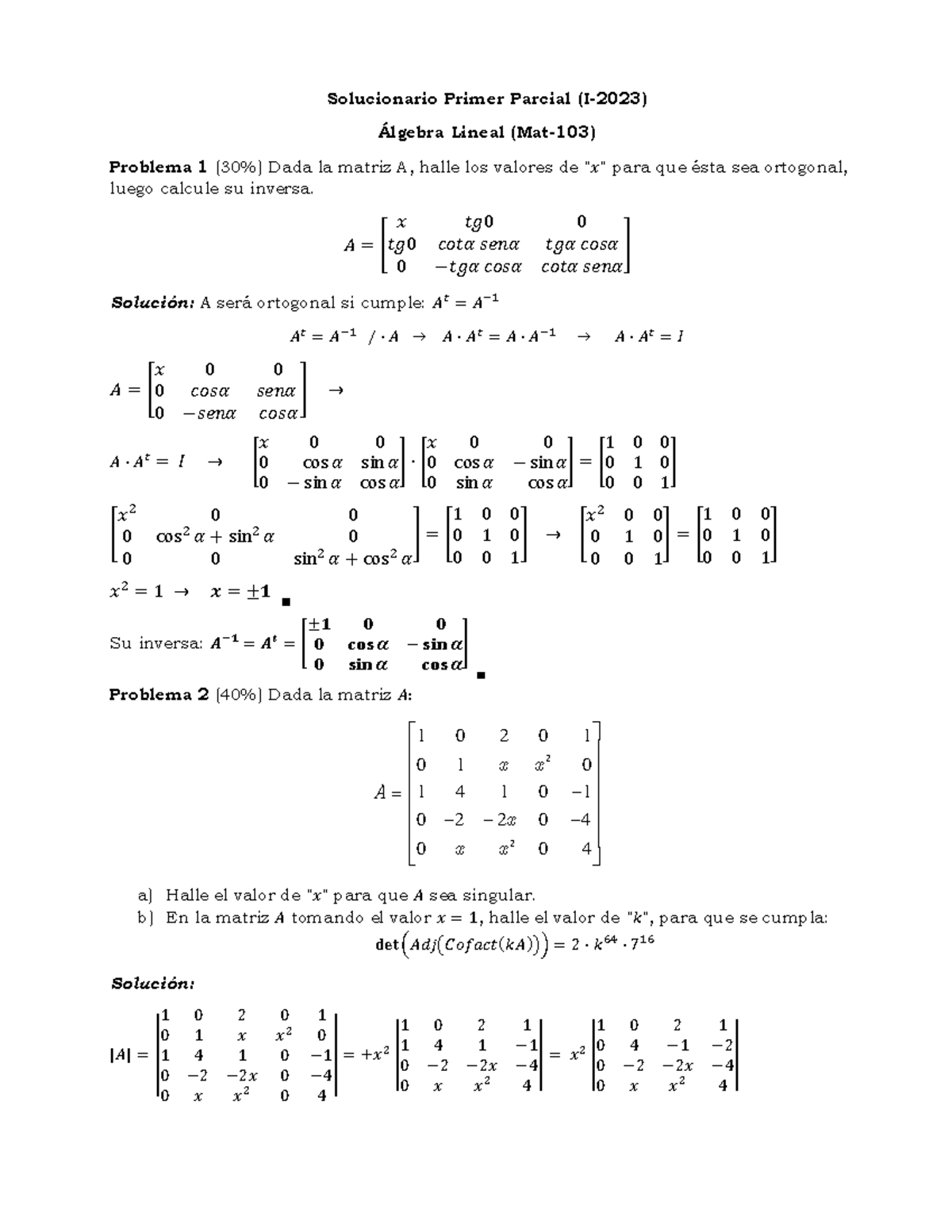 Solucionario Primer Parcial (I-2023) - Solucionario Primer Parcial (I-2023) ¡lgebra Lineal (Mat ...
