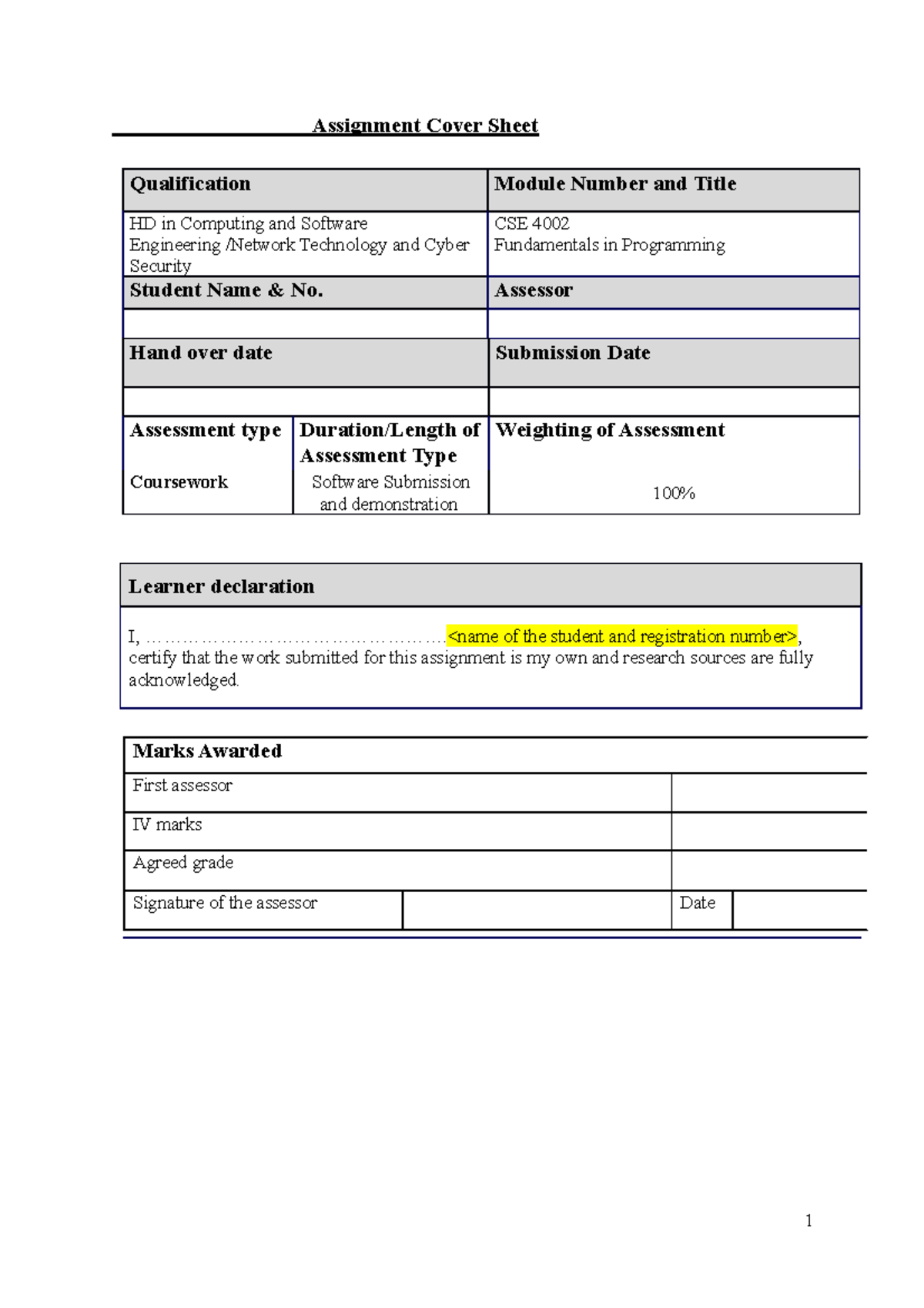 Cse4002-writ-1 - Assignment Cover Sheet Qualification Module Number and ...
