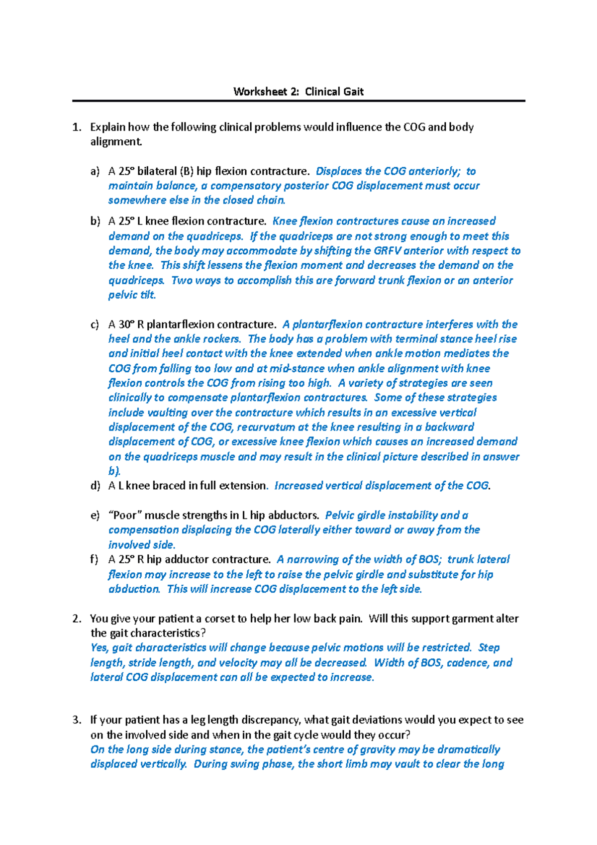 Worksheet 2 and 3 Gait 2 - Worksheet 2: Clinical Gait 1. Explain how ...