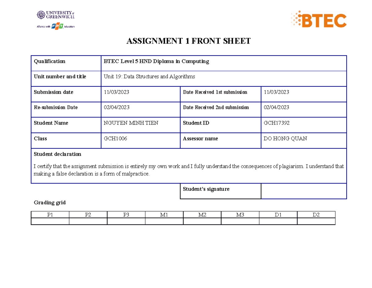 Unit 19 - Assignment 1 frontsheet - ASSIGNMENT 1 FRONT SHEET Qualification BTEC Level 5 HND ...