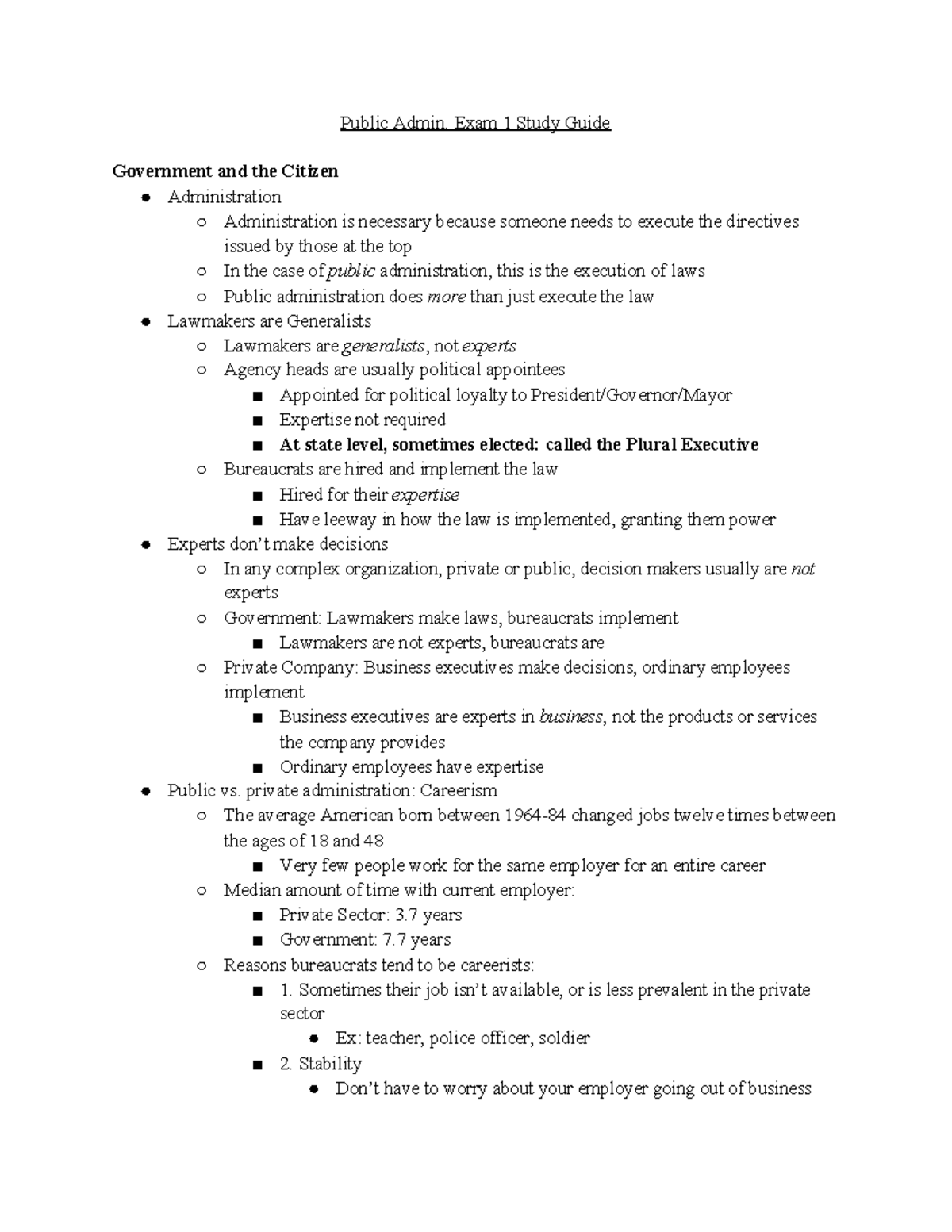 Public Admin. Exam 1 Study Guide - Public Admin. Exam 1 Study Guide ...