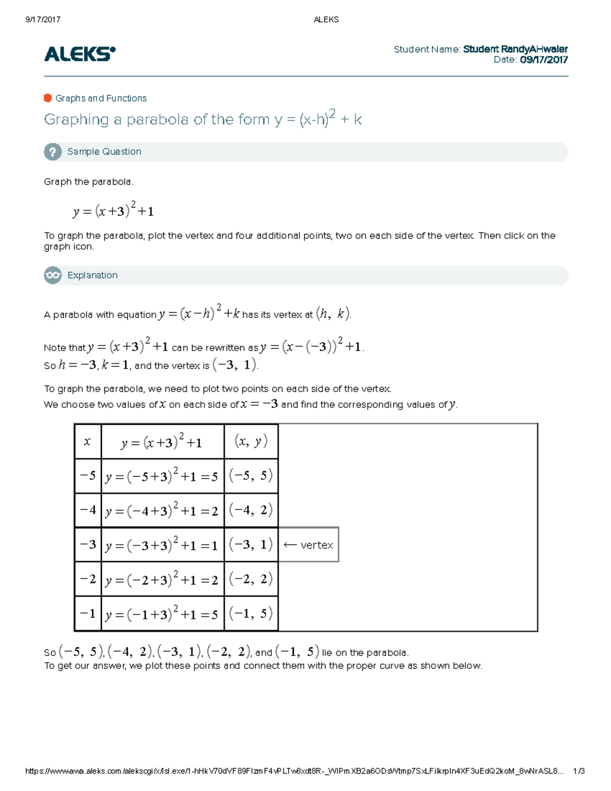 Graphing a parabola of the form y = (x-h)2 + k - 9/17/2017 ALEKS - Studocu