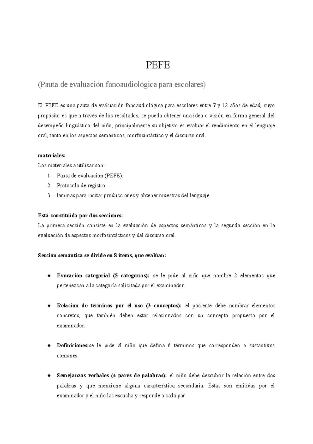 Anamnesis semantica - resumen PEFE 07 a 12 años - PEFE (Pauta de ...
