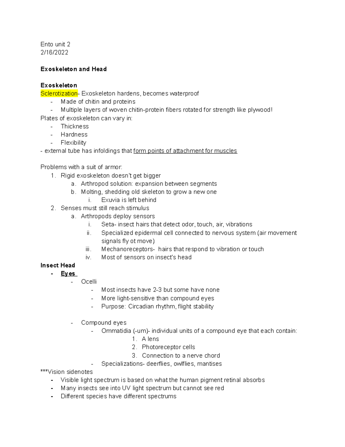 ENTO unit 2 - I got an A with these notes! - Ento unit 2 2/16 ...