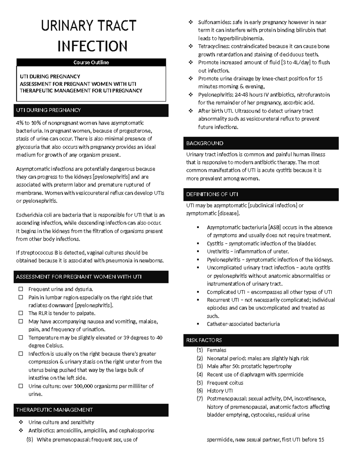 Urinary Tract Infection - URINARY TRACT INFECTION Course Outline UTI ...