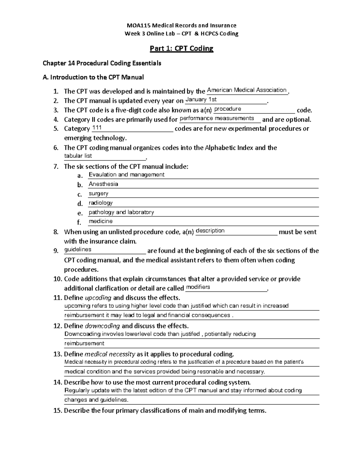 Moa115 Week 3 Online Lab Cpt And Hcpcs Coding Essentials Moa115 Medical Records And Insurance