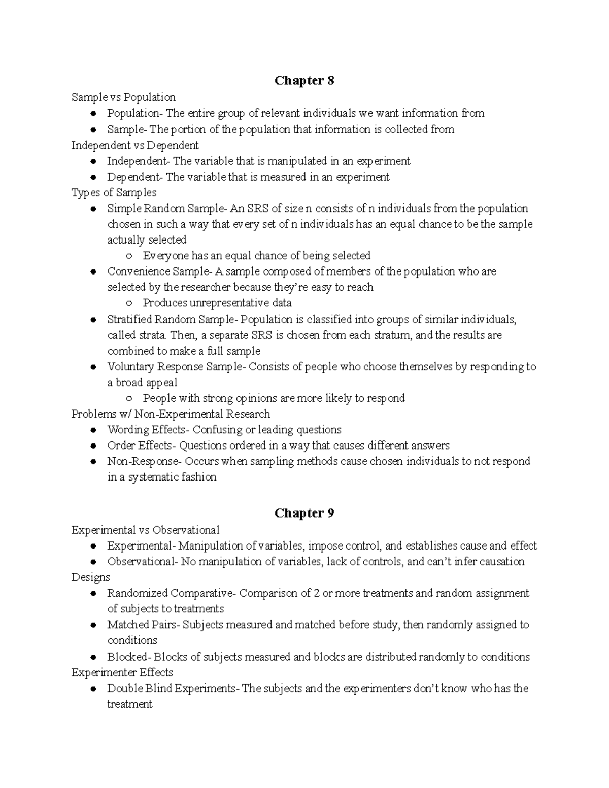 Stats Study Guide #2 - Chapter 8 Sample vs Population Population- The ...