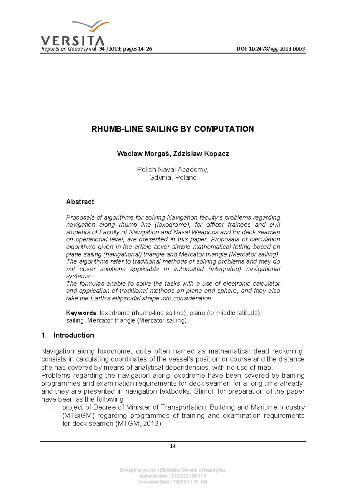 Rhumb line sailing by computation - Reports on Geodesy vol. 94 /2013 ...