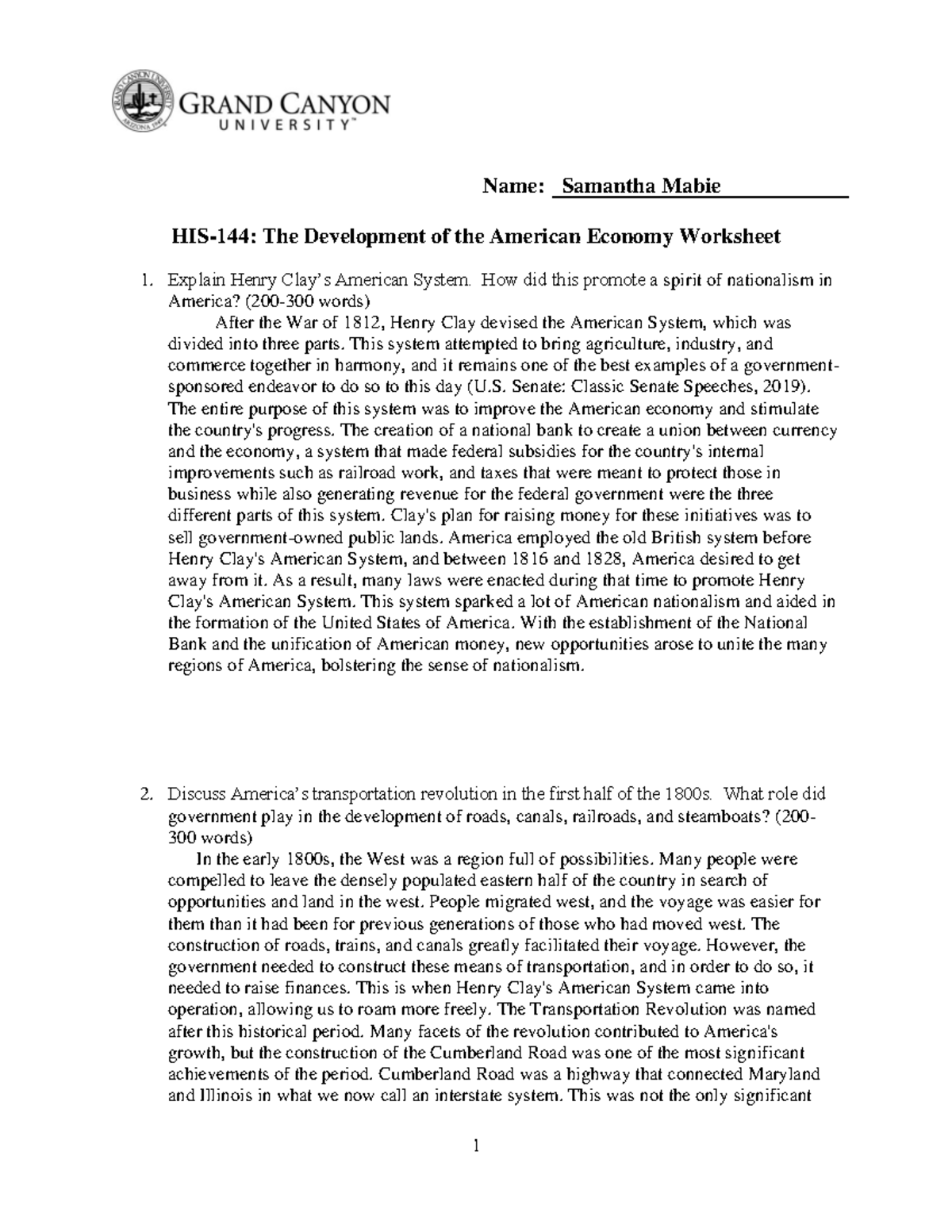 Development of the American Economy HIS144 - Name: Samantha Mabie HIS ...