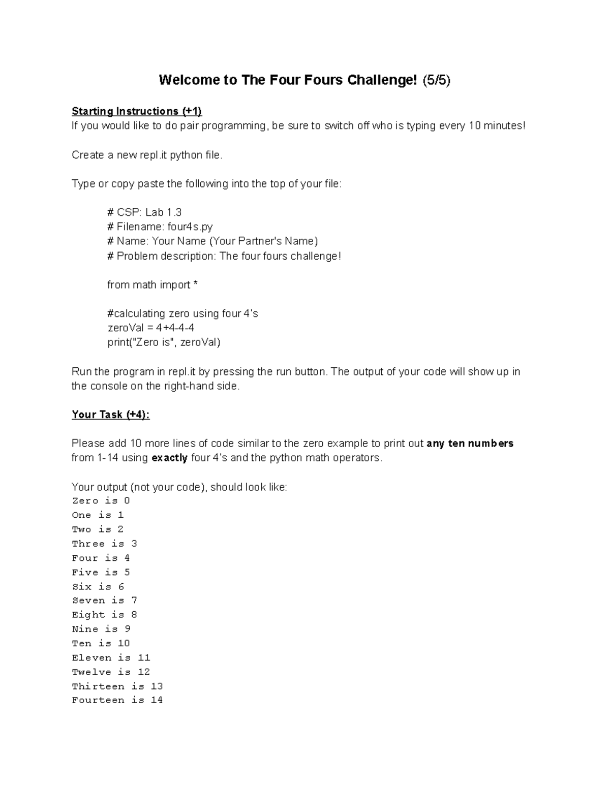 Lab 1.3 Python four fours - Welcome to The Four Fours Challenge! (5/5 ...